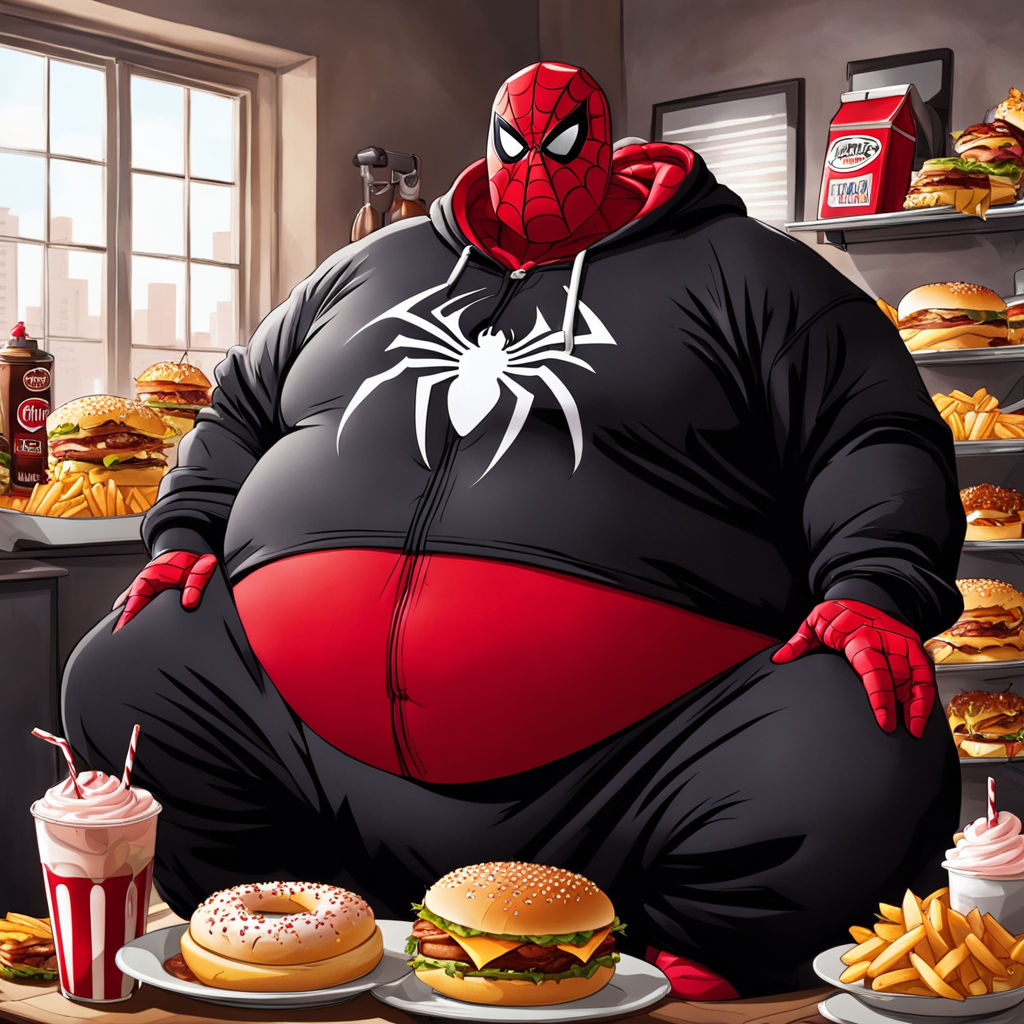 Enormous obese fat Spiderman wearing baggy black sweat suit.... by ...