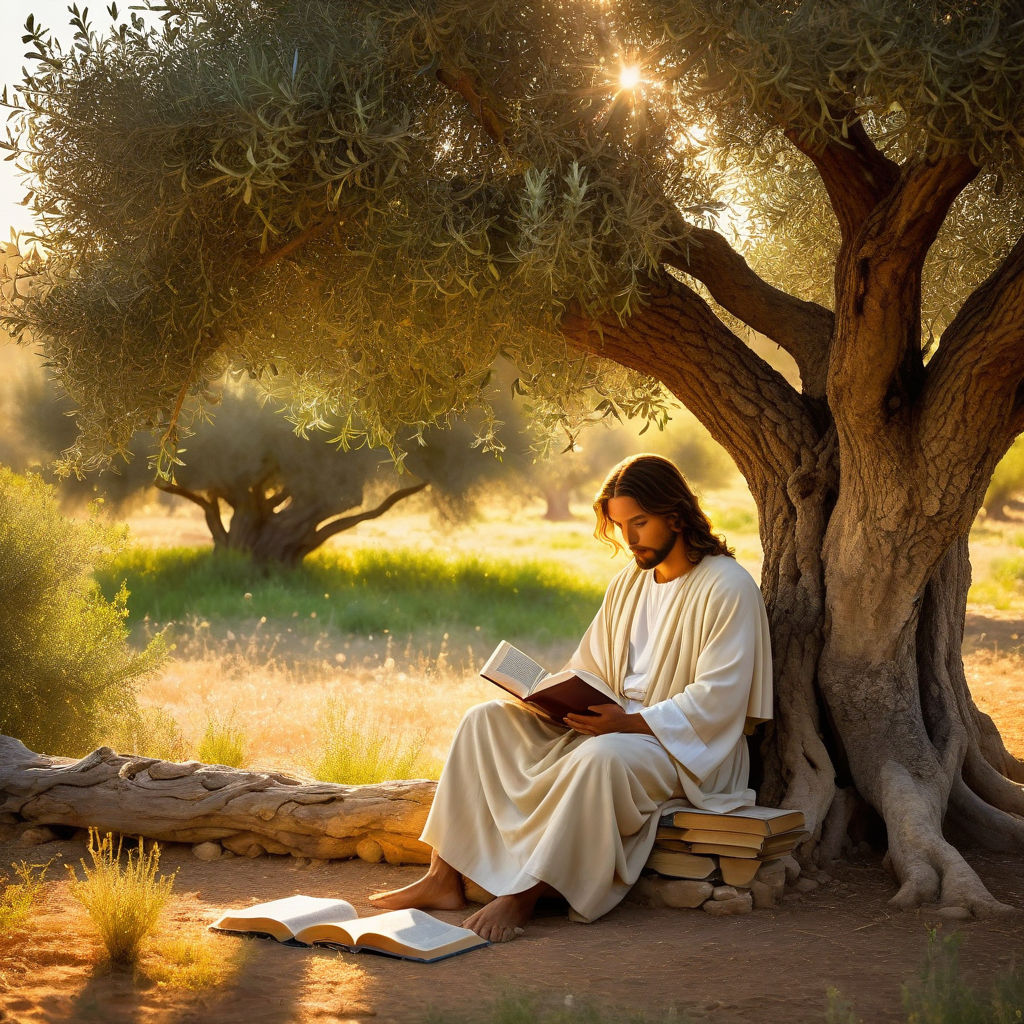 Jesus seated under ancient olive trees in a serene garden du... by Jose ...