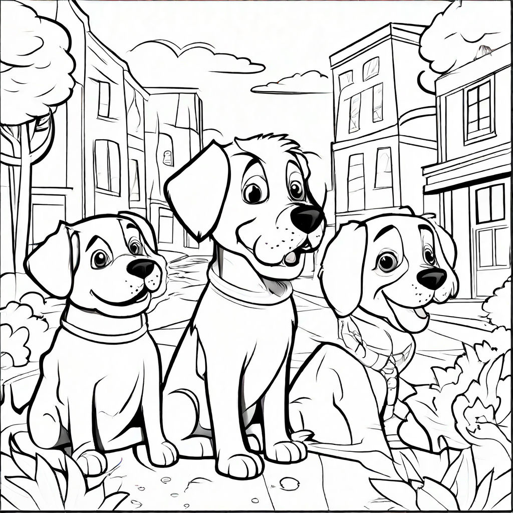 Cartoon style coloring book page featuring dogs in amusing l... by Ross ...