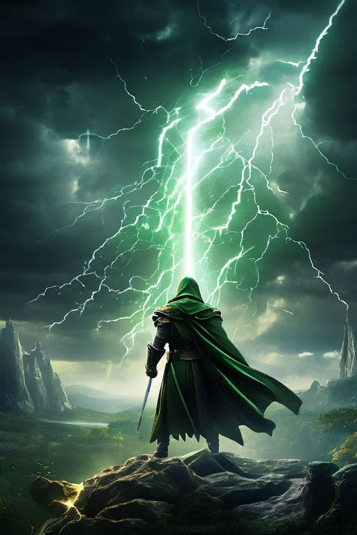 Green medieval fantasy wizard bolt of lightning shooting acr... by ...