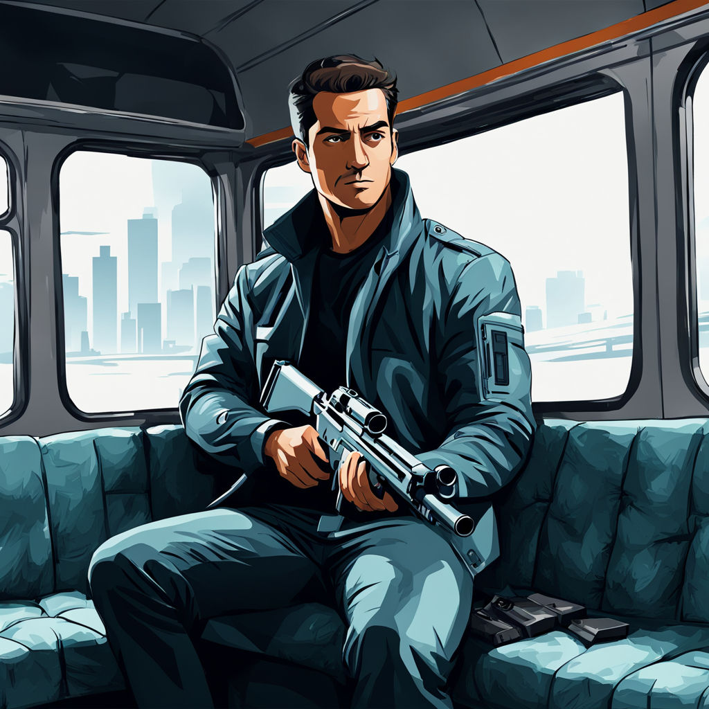 Simple drawing Digital man sitting on a couch holding a gun by ...