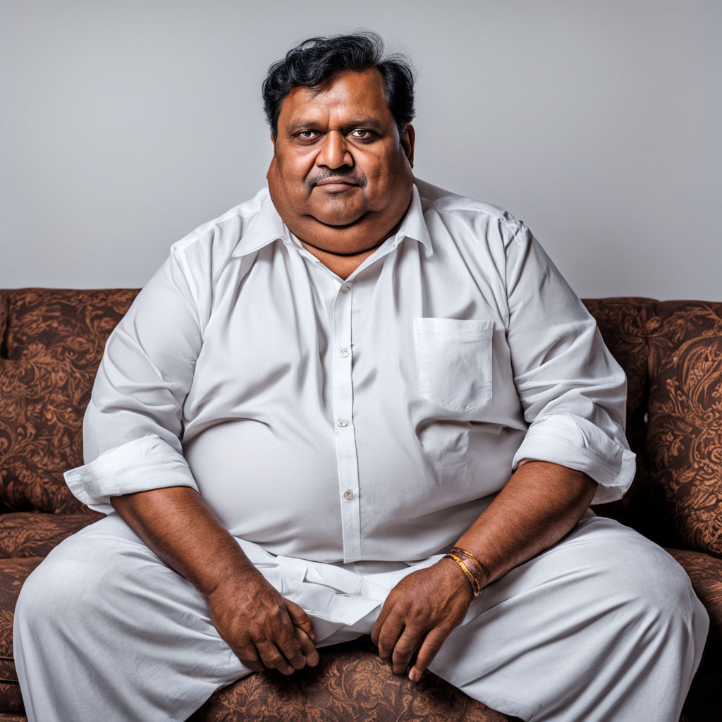 Fat indian uncle sat on a sofa wear tradisional white shirt.... by ...