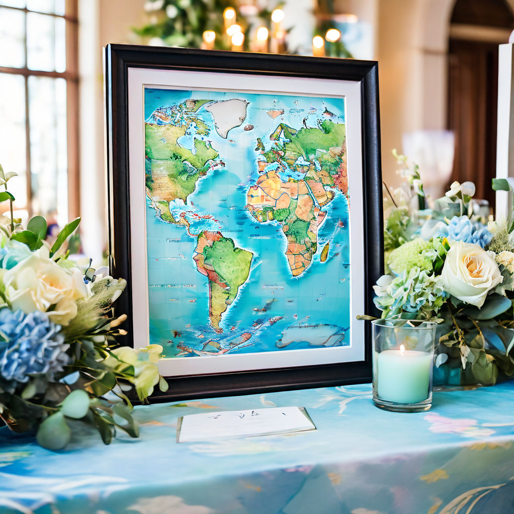 World map as the centerpiece at a wedding reception by Traune - Playground