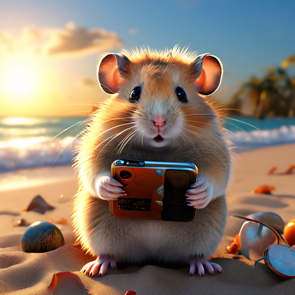 Hamster on the beach with a phone in his hands by Nanny Nanny - Playground