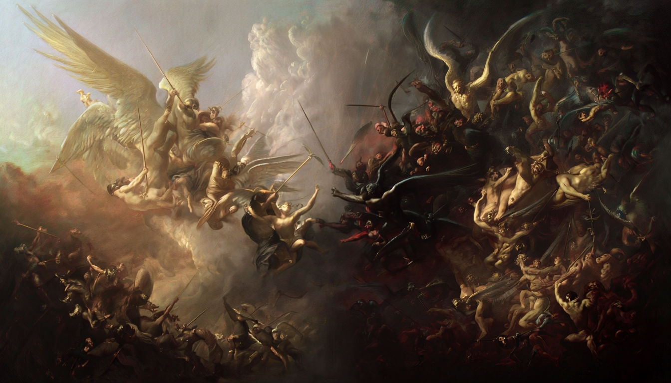 "An epic scene of a battle between forces of light and darkn... by ...