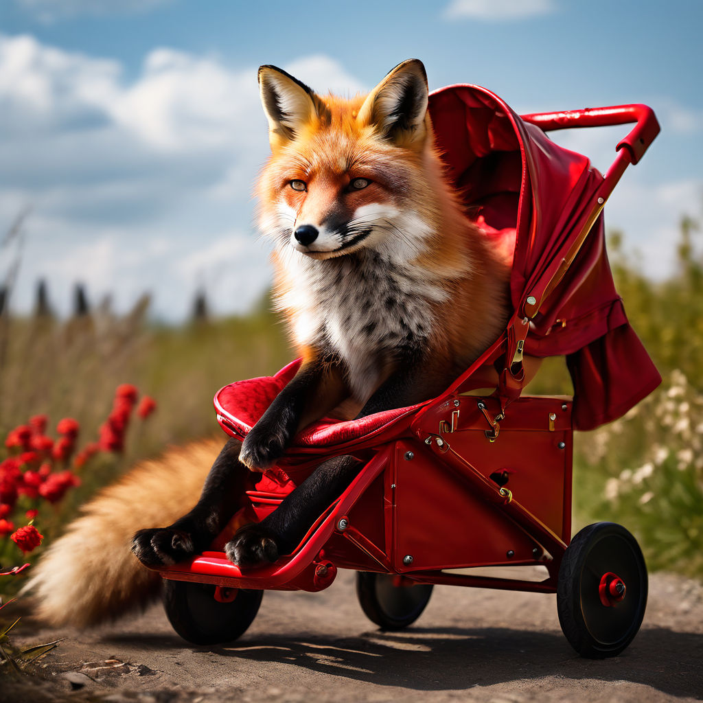 The fox rolls a red stroller in front of him by Дмитрий Васильев ...