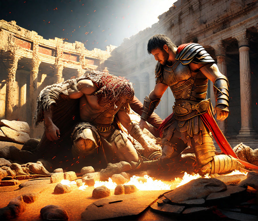 A Roman Gladiator Standing Over His Fallen Foe by Mike S - Playground