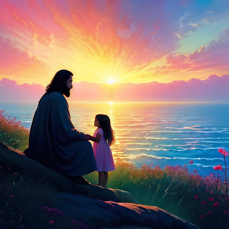 Jesus Christ seated beside a young girl by Nyx Hanma - Playground