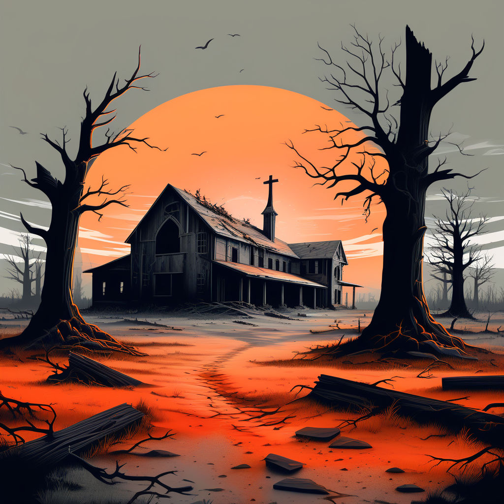 Draw in black a large abandoned building with dead trees in ... by ... Draw in black a large abandoned building with dead trees in ... by ...