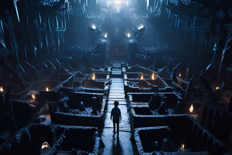 Boy walking into a complicated labyrinth with lethal traps a... by ...