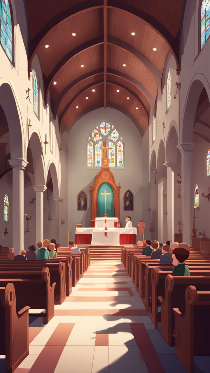 Create an illustration of a scene inside a Catholic church. ... by ...