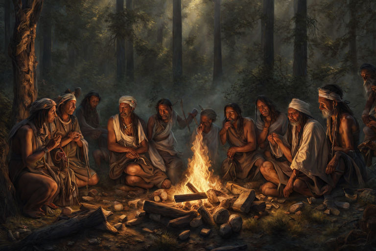 Indigenous Native Americans praying in the forest around a c... by ...