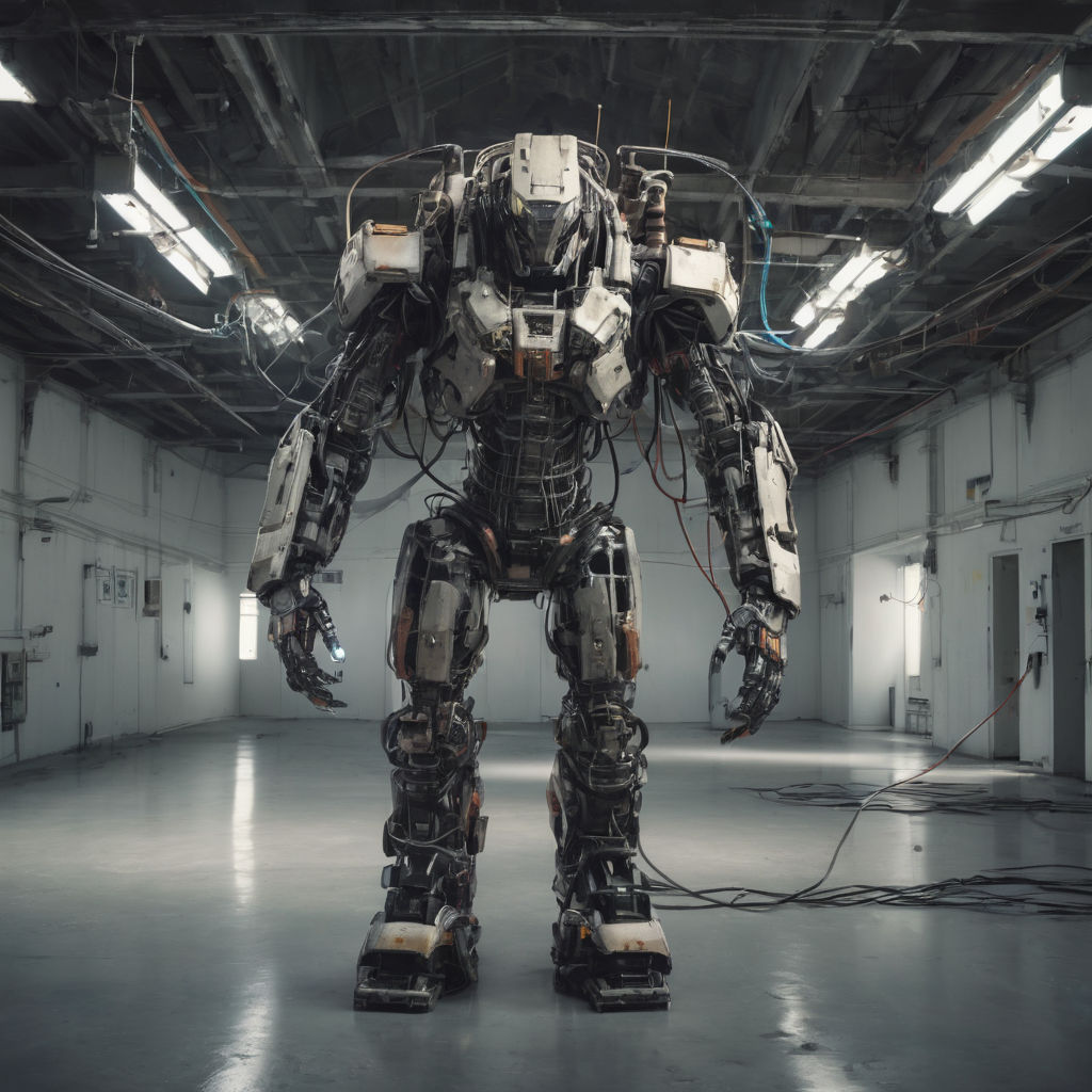 An empty mech suit with exposed wires in a massive empty roo... by Kai ...