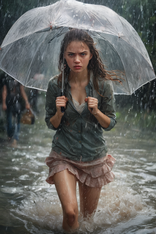 An angry girl with an umbrella in the knee-deep water by Alex Dev - Playground