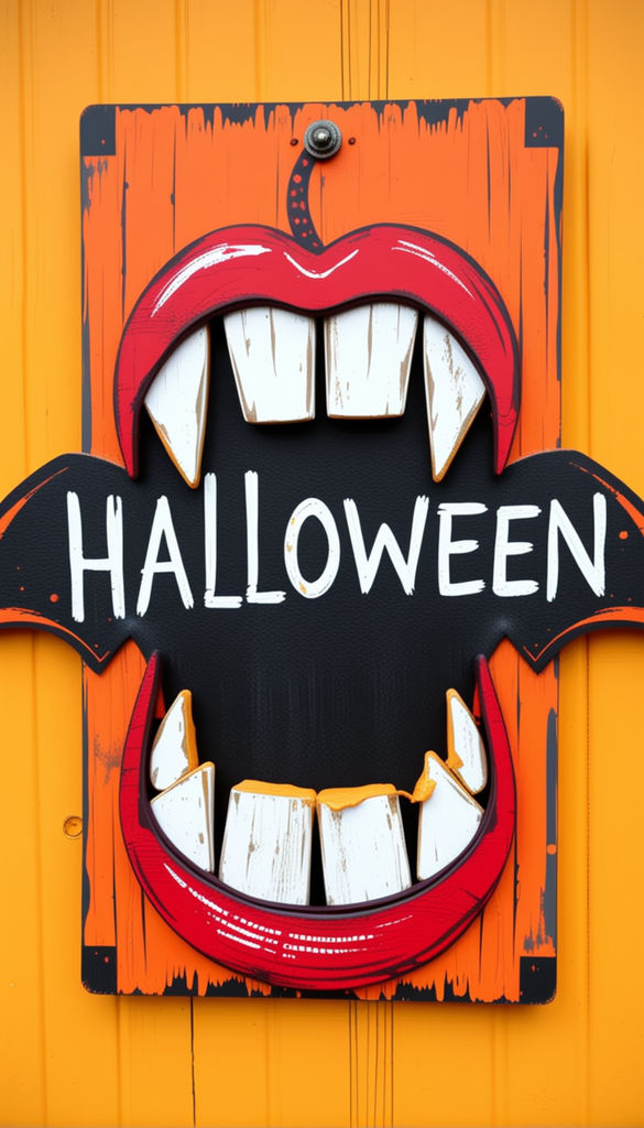 Create vampire teeth by biting into a Halloween sign by Antonio ...