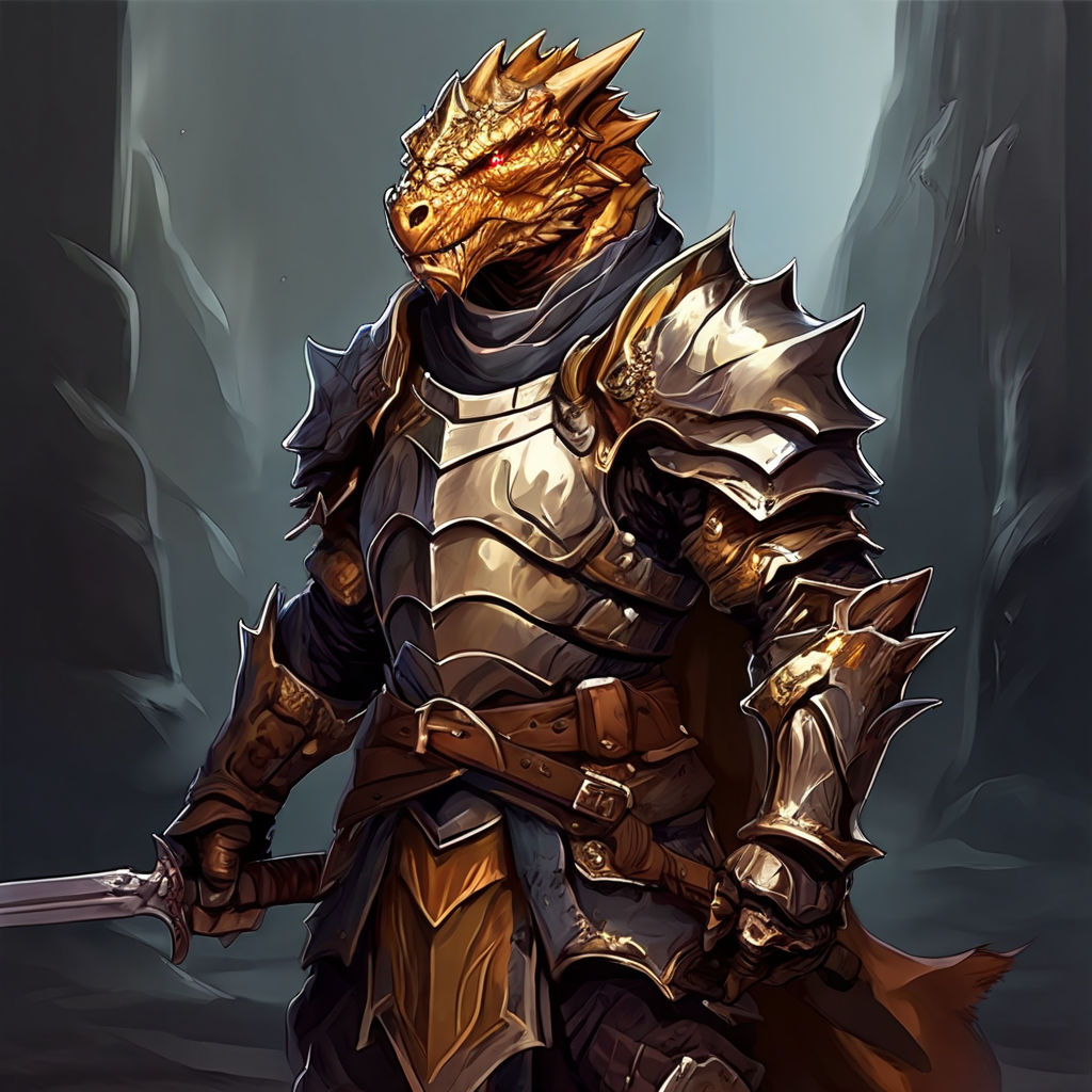 Draw a dragonborn knight with a greatsword on his back and w... by ...