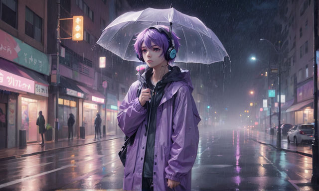 Portrait of an anime boy with violet hair clad in a pastel r... by ...
