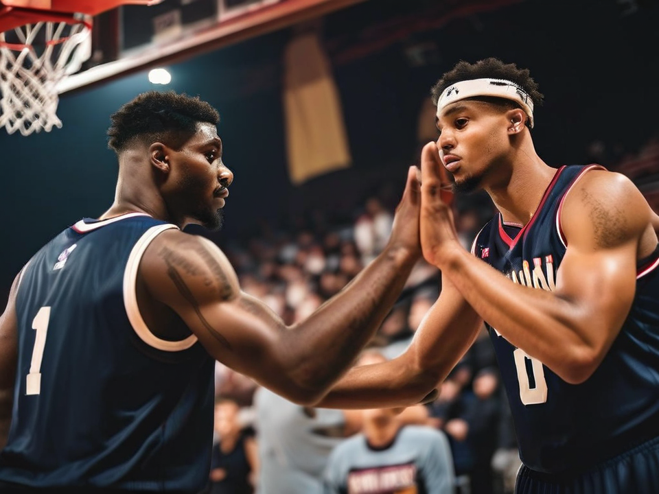Two full-body black basketball players are standing facing e... by ...