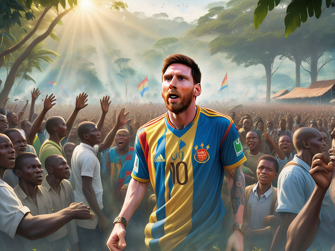 Lionel Messi standing amidst a crowd of spirited revolutiona... by PAUL ...