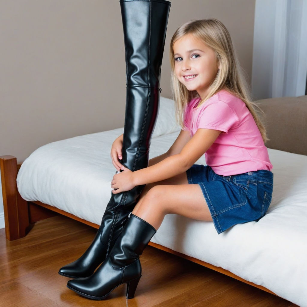 10 year old girl trying on mom's thigh high stiletto boots by Wanda ...