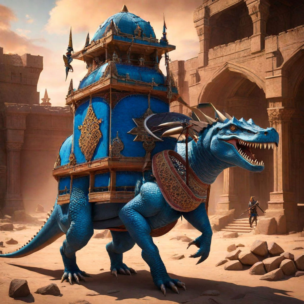 Imagine a dinosaur beast of war equipped with a battle howda... by ...