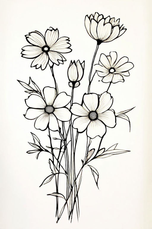 A simple and clear line drawing of a bunch of flowers be pla... by ...