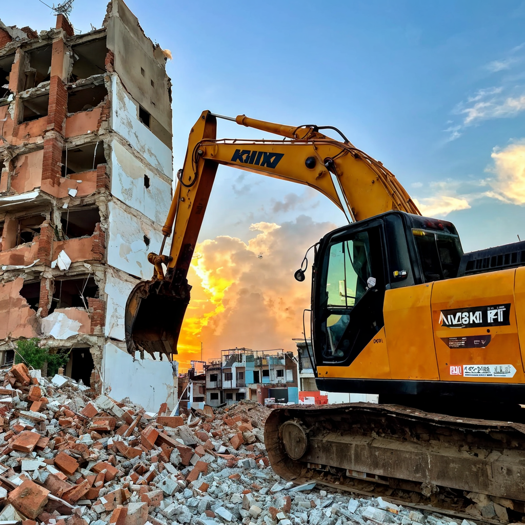 Residential building crumbling under the mechanical might of... by ...
