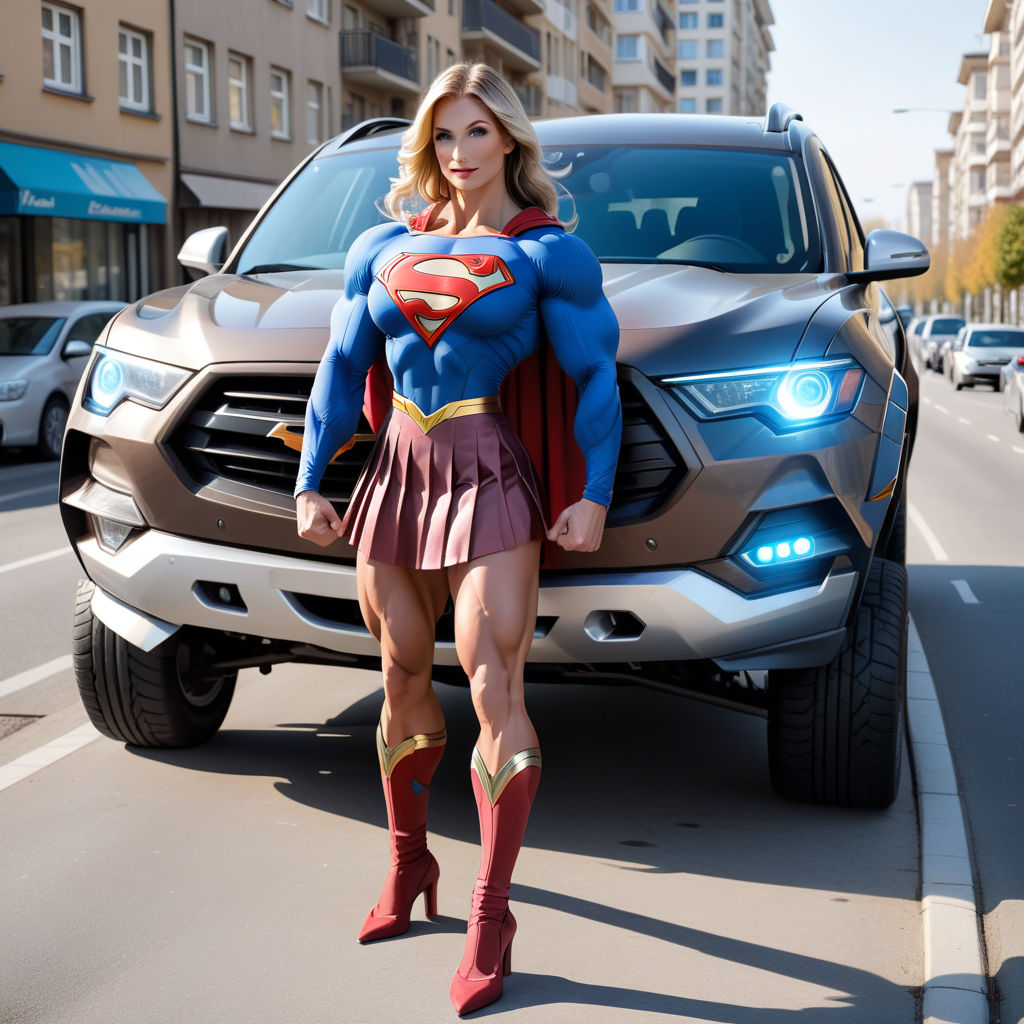 Huge muscle girl. Muscular supergirl lifting car. Massive mu... by Viyu ...