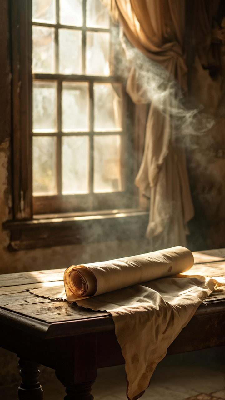 Photograph captures vintage parchment scroll lazily draped o... by ...
