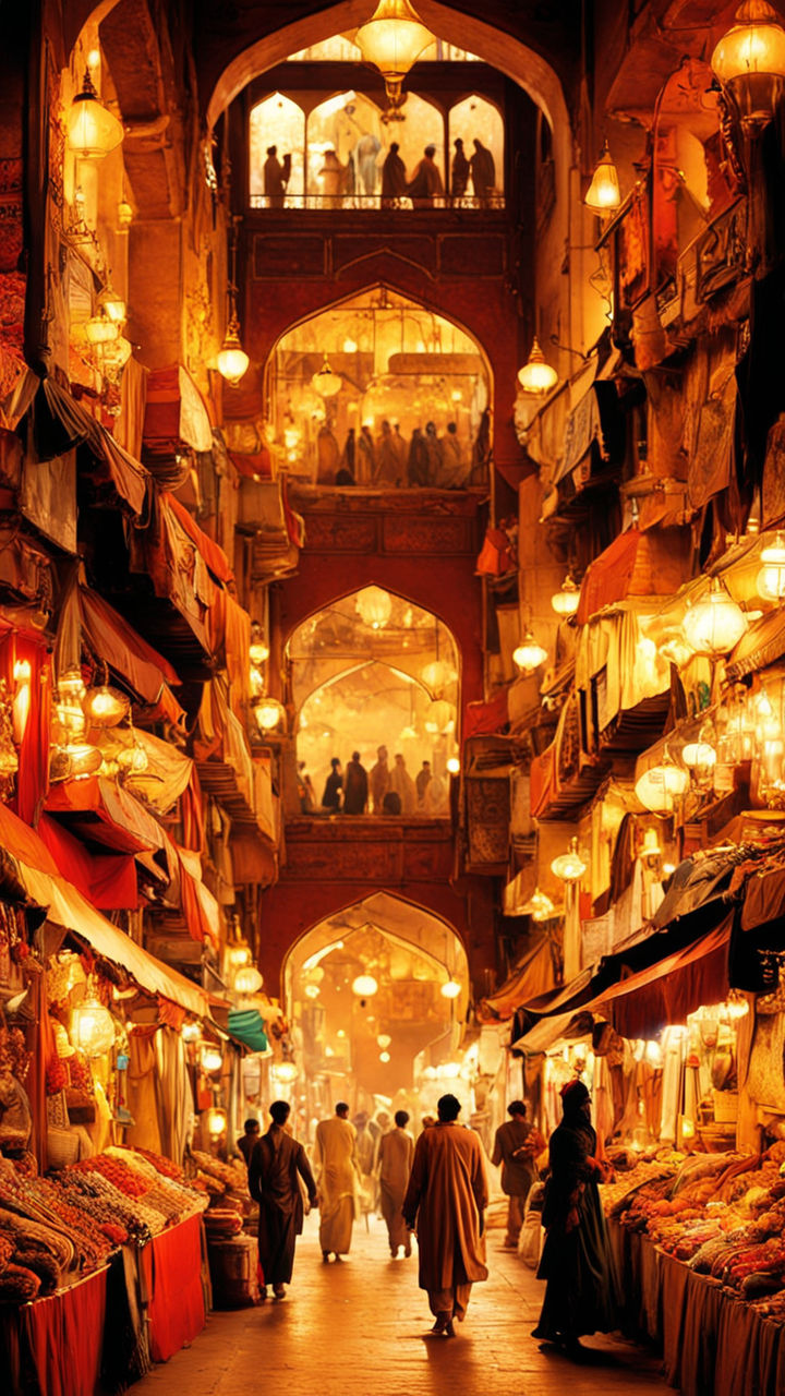 Picture a bustling 16th-century Mughal bazaar in India. High... by ...