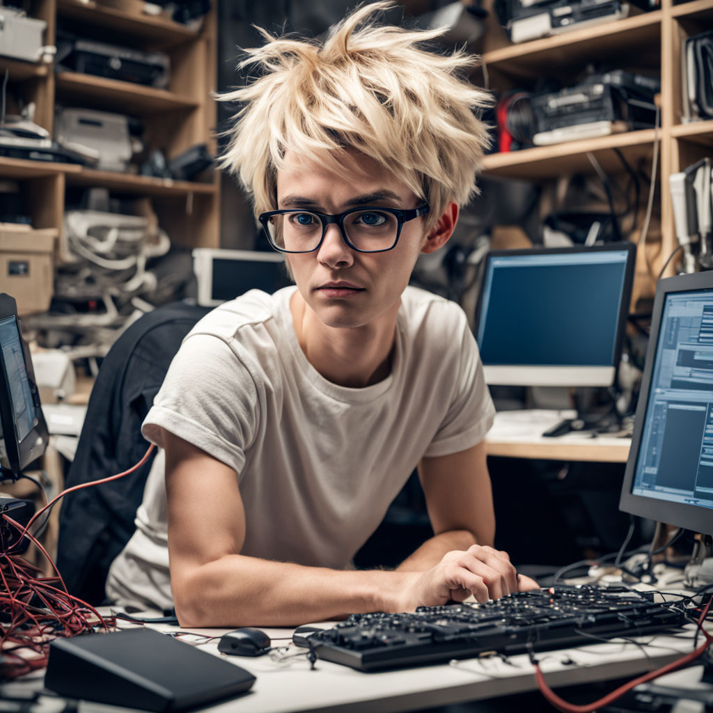 Young adult computer nerd with messy short blonde hair in te... by ...