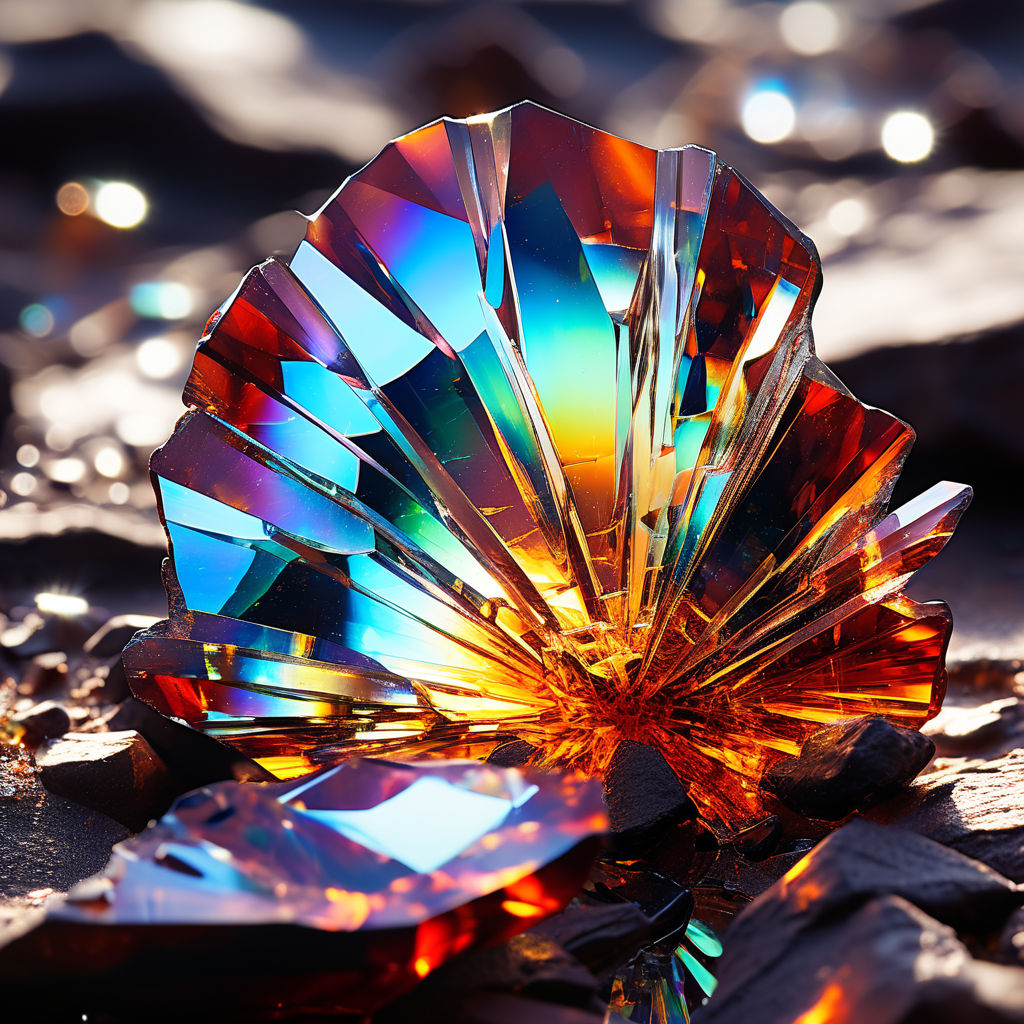 Exploding ammolite crystal with shards flying close up by Chloe Noelle ...