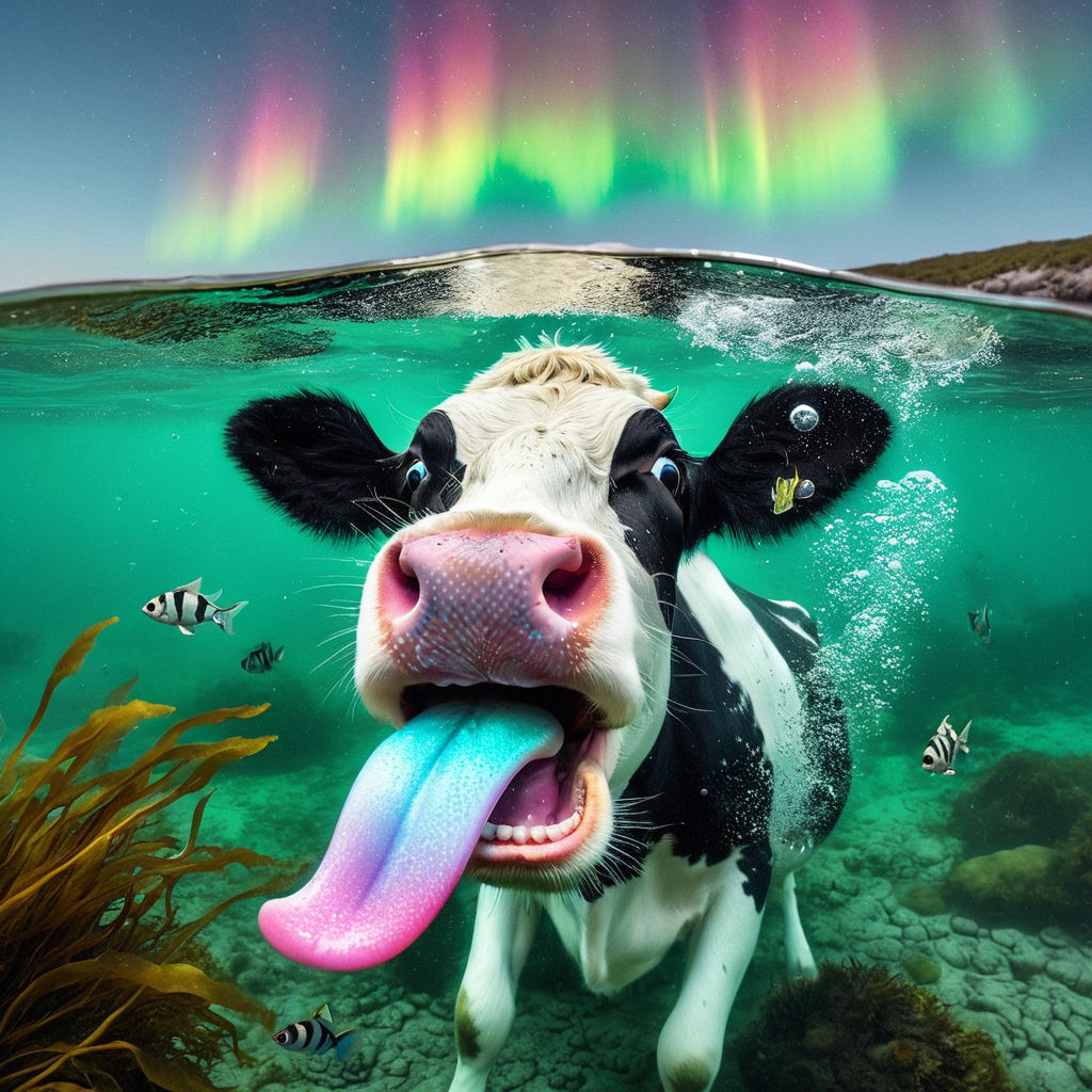A realistic underwater scene featuring a cow swimming with i... by Mc ...