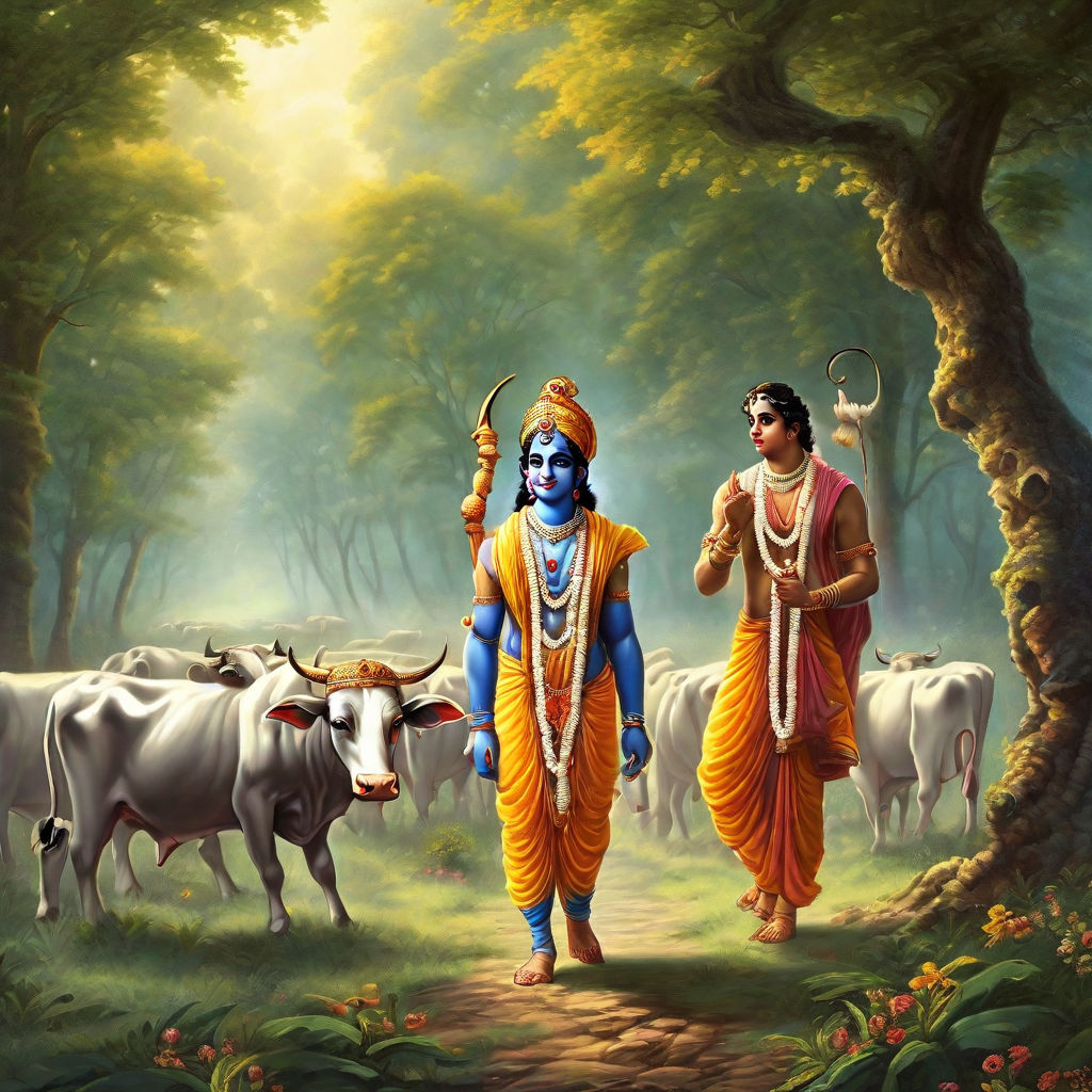 God Krishna walking in forest with cows by Prachi Bhardwaj - Playground