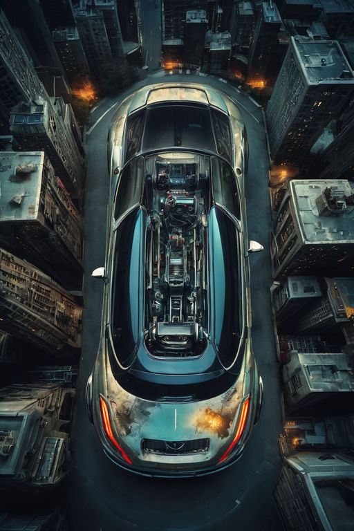 Top view cyborg jump in fly car in maze in city cyberpunk gl... by Анна ...