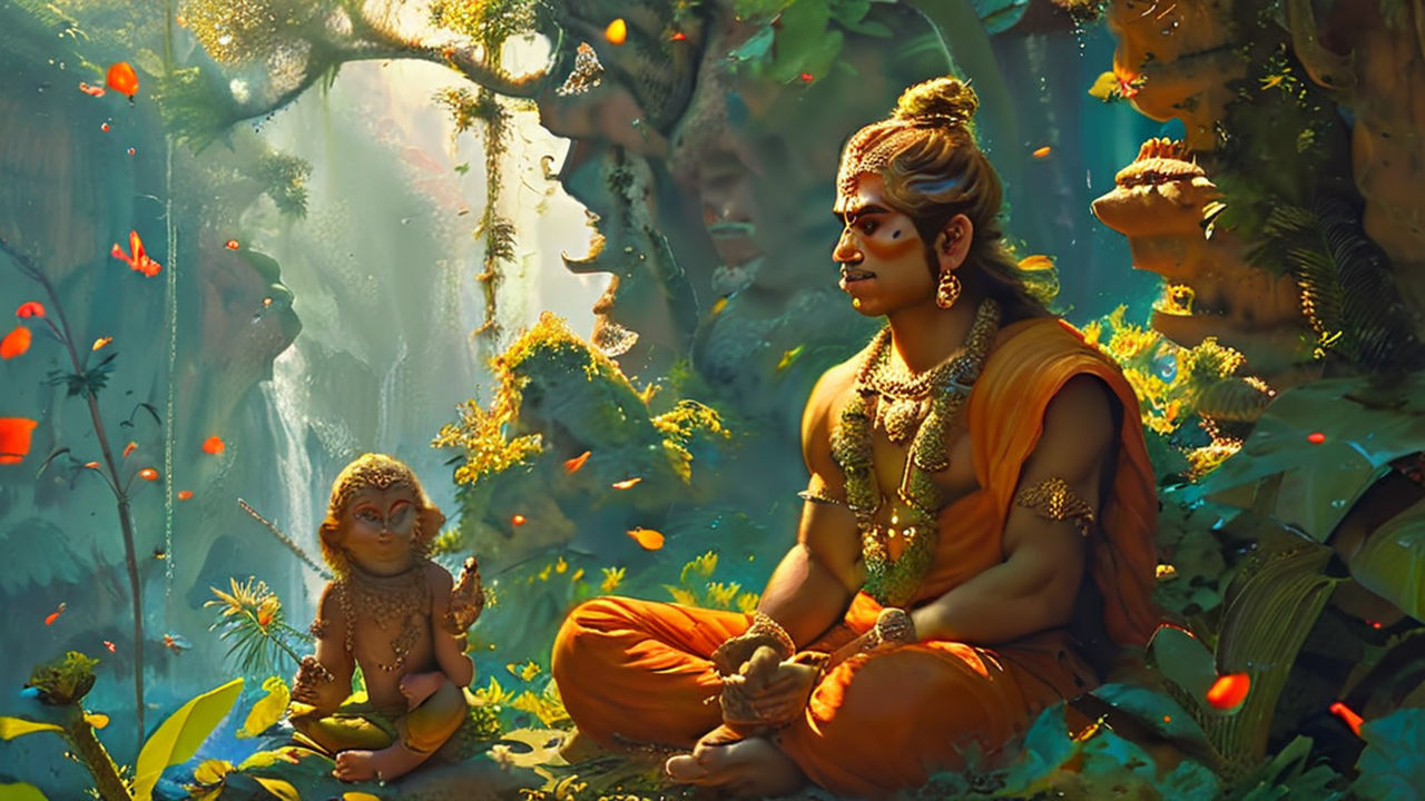 Krishna and Hanuman depicted in a detailed and intricate env... by ...