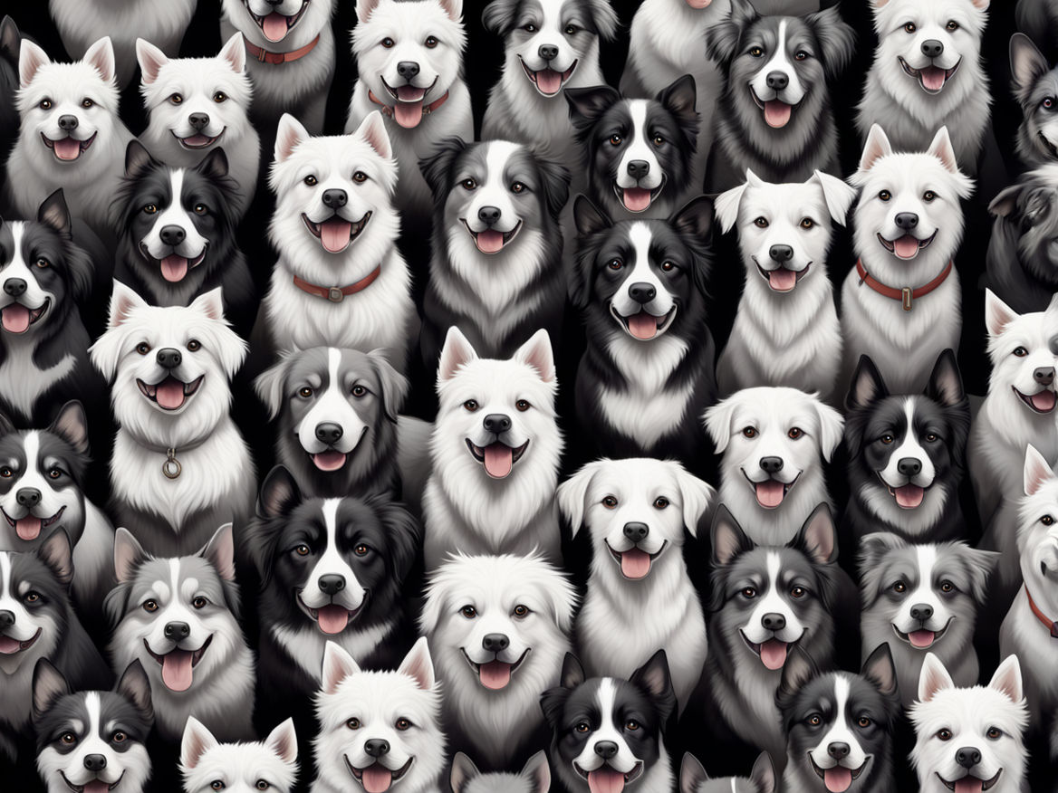 Black and white illustration depicting a multitude of dogs i... by โกว ...