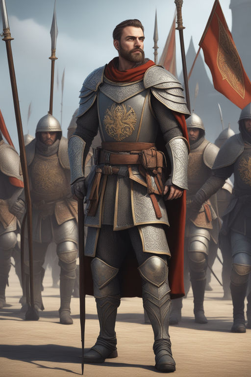 30-years-old medieval male captain in front an army. Digital... by ...