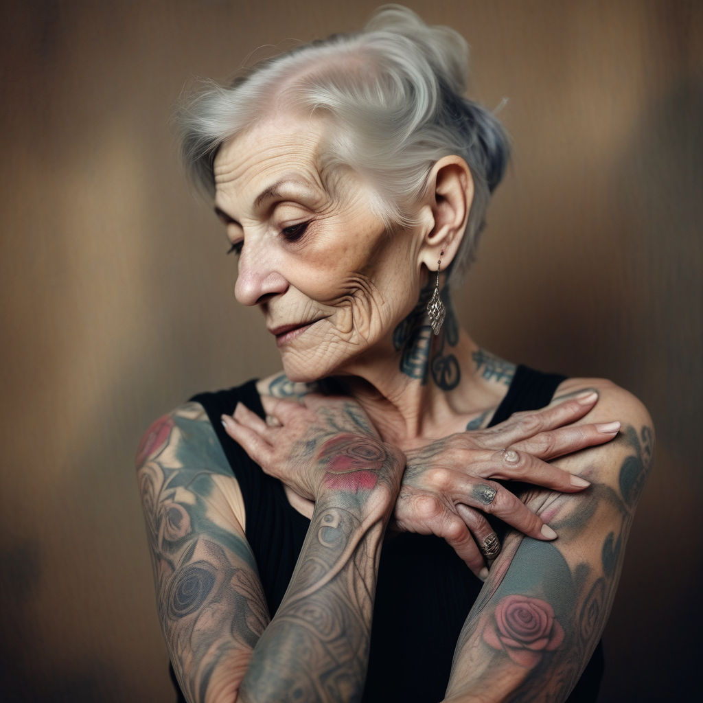 Elderly woman embracing her richly inked tattoos by Thomas Miller ...