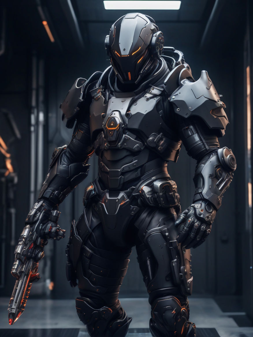 An assassin suited in a black bulky mechanical armour suit w... by Max ...