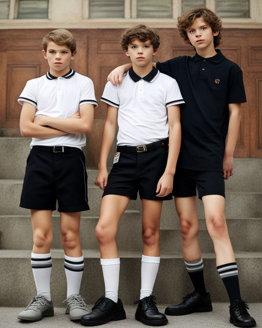 Young European teen boys wearing short shorts and black knee... by ...