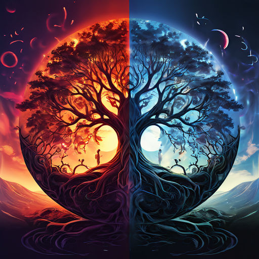 Yin and yang concept featuring a mirror tree with roots inte... by ...