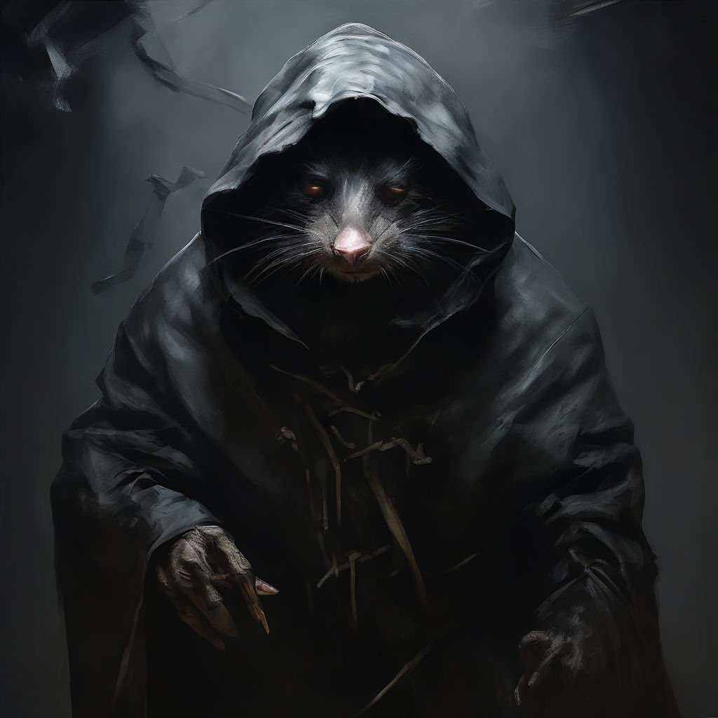 An oil painting of a shaggy theif humanoid rat wearing black... by ...