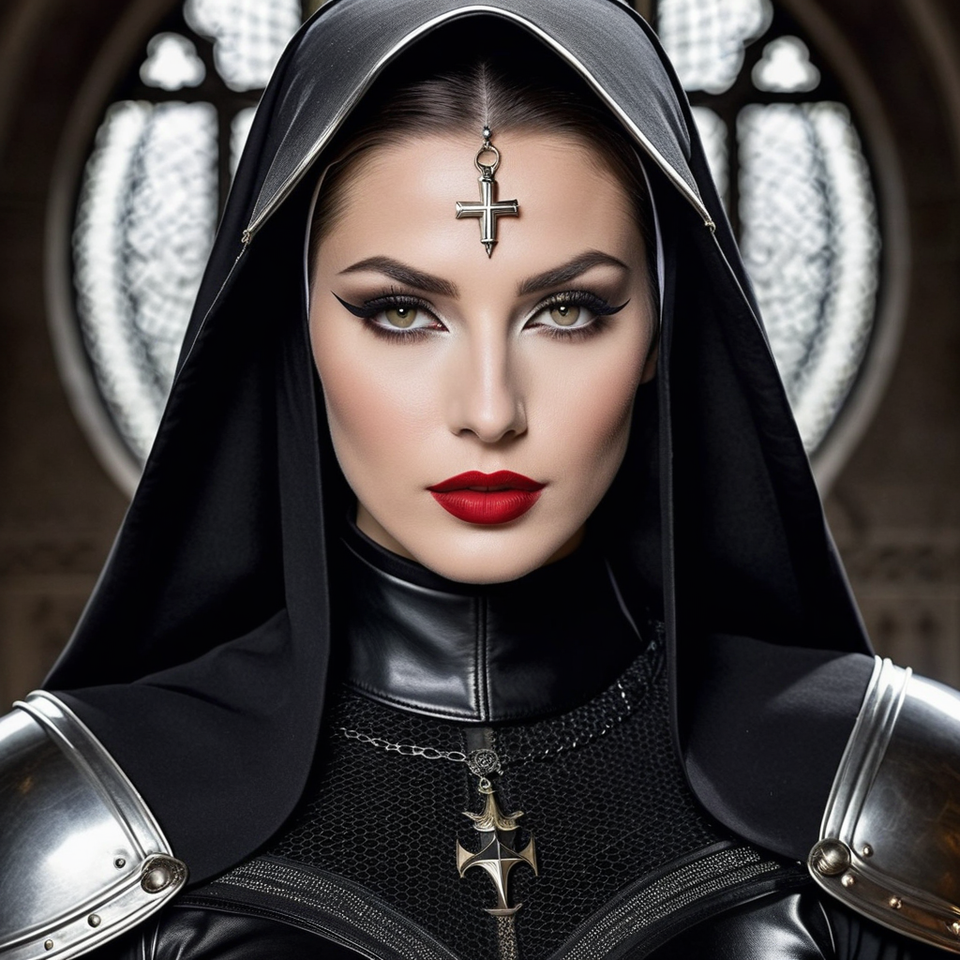 Warrior Nun clad in tight-fitting leather armor by Majellus - Playground