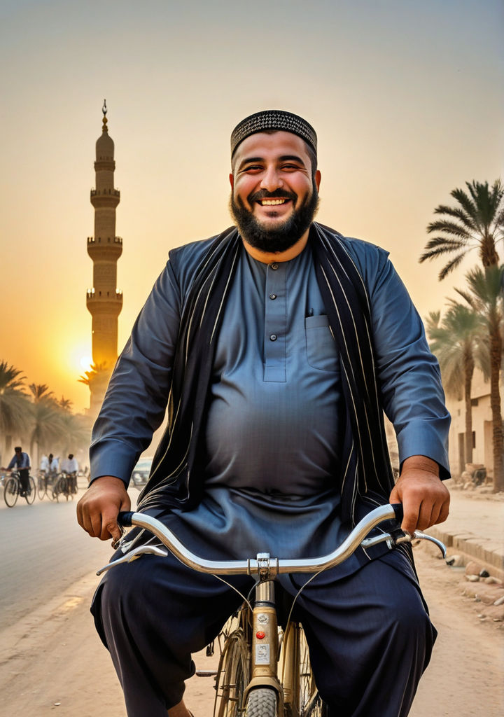 Overweight Iraqi man radiating joy while mounting a bicycle by Bedirhan ...