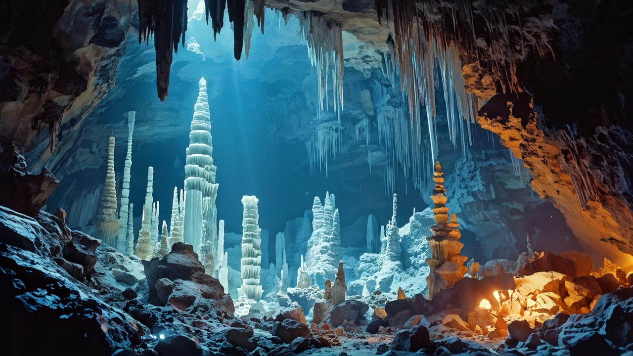 Subterranean cave scene in a 1970s retro-futuristic style by Edson ...