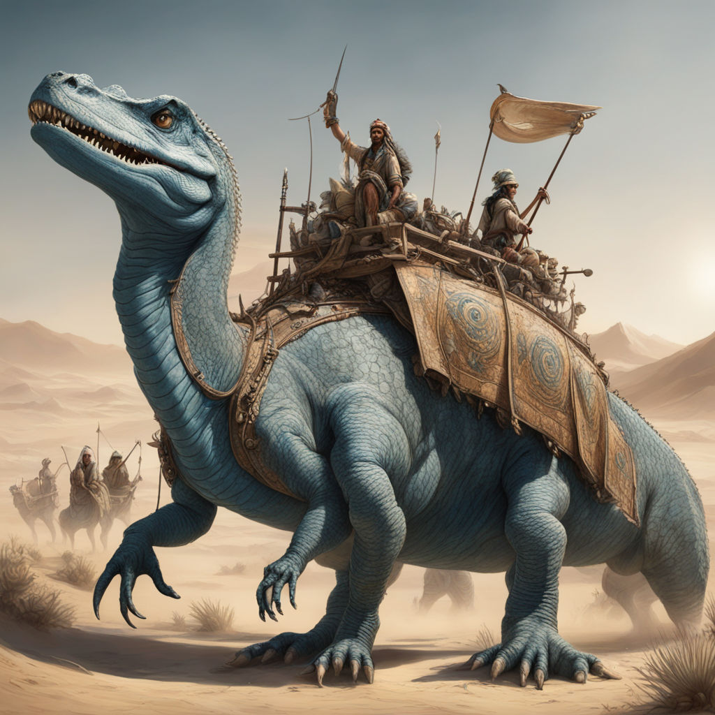 A blue bipedal crocodilian dinosaur with a howdah on its bac... by ...