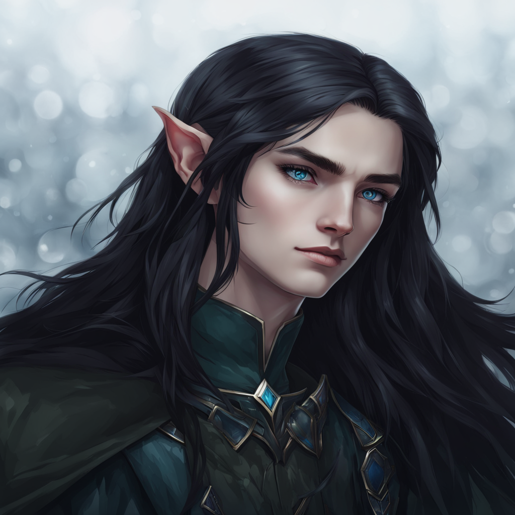 Protrait of a young male elf with pale skin and black long h... by ...