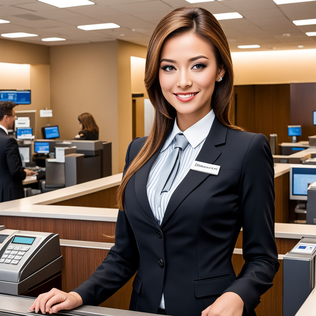 Female bank teller that is inside a bank with half body prop... by Hannah Racelis - Playground