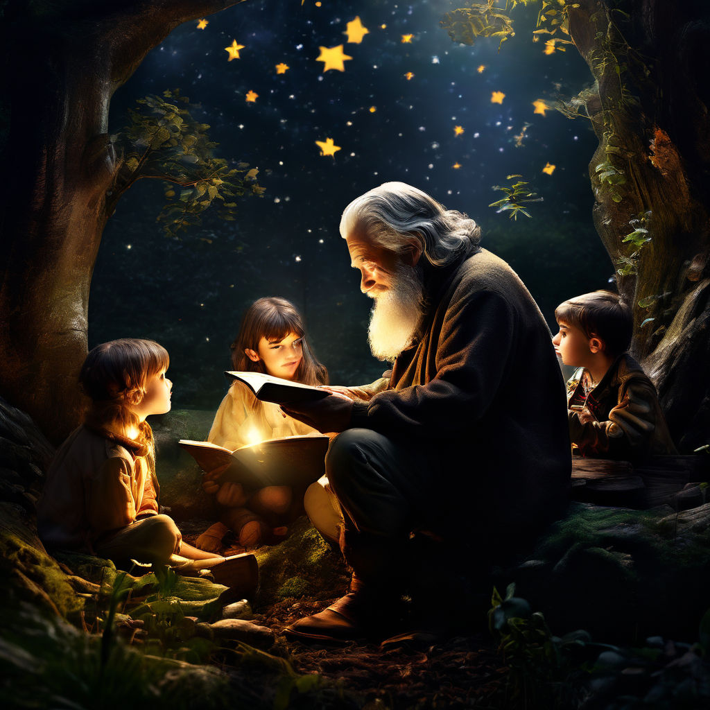 A picture of an old man reading a story in a forest among th... by Haye ...